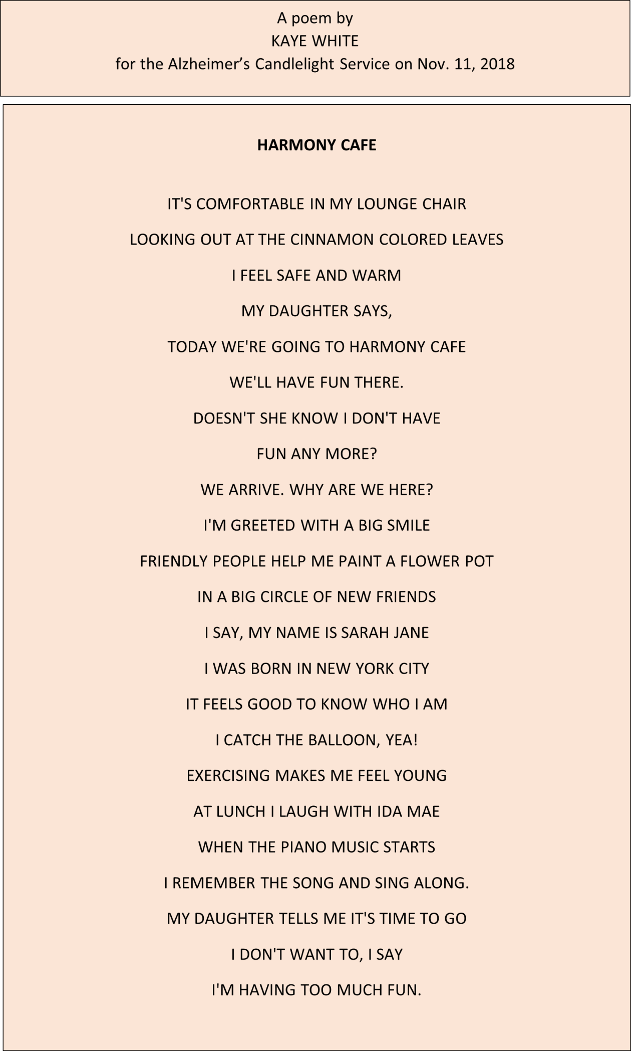 Harmony Café Poem | GEM Day Services